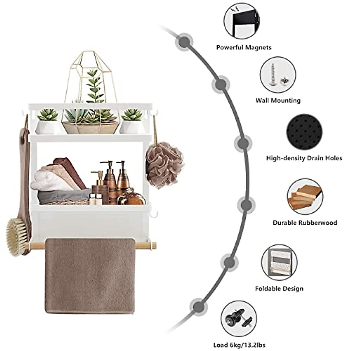 Couah Magnetic Spice Rack , Magnetic Paper Towel Holder Kitchen with 2-Tier Magnetic Shelf and 1 Paper Towel Roll Holders for Magnetic Spice Rack for Refrigerator -White