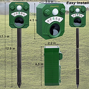 Phosooy 2 Packs Solar Ultrasonic Animal Repeller, Waterproof Mode-Adjustable Animal Deterrent Device with Flashing Strobe Lights to Repel Cats, Dogs, Squirrel, Rats, Skunks, Raccoons and Deer