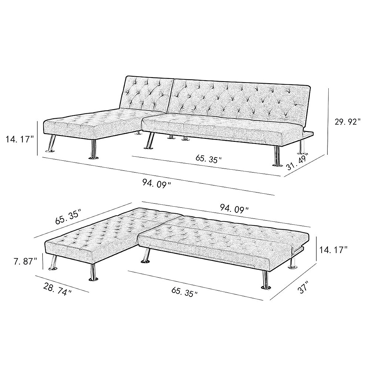 Modern Fabric Futon Sofa Bed with Convertible Single & Double Seat Futon Beds,L-Shaped Reversible Sectional Couch Sofa Bed with Metal Legs for Home/Living Room/Apartment/Dorm (Black + Fabric)
