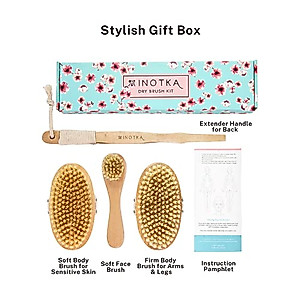 Vegan Dry Brush for Cellulite and Lymphatic Drainage Massage, Natural Firm and Soft Brushes, Cactus Bristles, Dry Skin for Face and Body Set for Brushing, Scrub with Handle