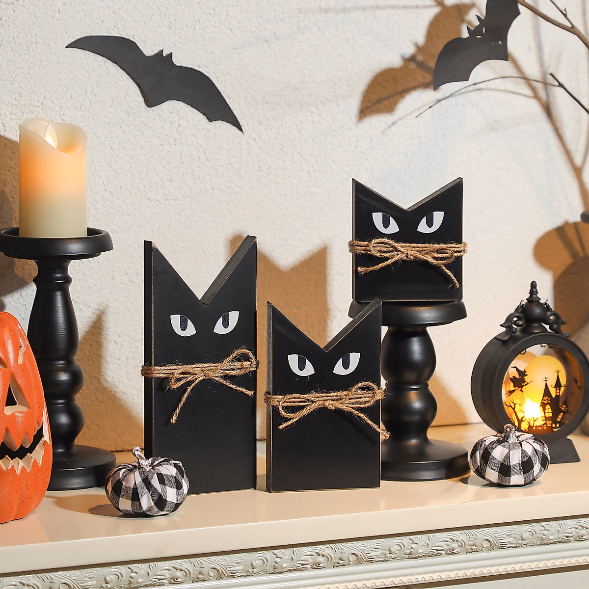3 PCS Wooden Black Cats Decor, Spooky Cat Theme, Halloween Tiered Tray Decor, Farmhouse Halloween Tiered Tray and Mantle Decoration, Fall Accent, Wood Sign Rustic Style, Halloween Decoration Indoor