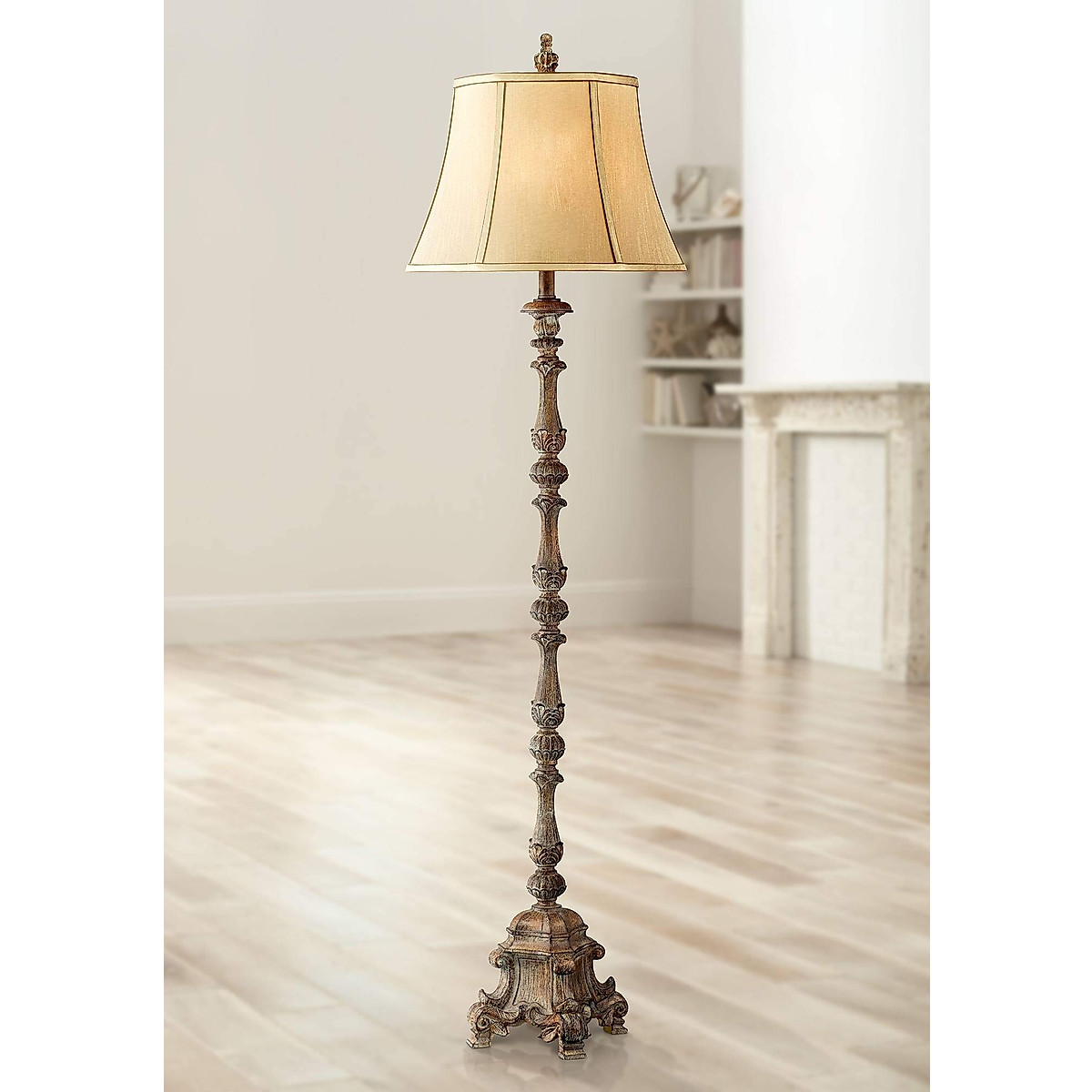 Regency Hill Rustic French Country Traditional Style Floor Lamp Standing 62" Tall Faux Wood Antique Candlestick Beige Silk Fabric Bell Shade Decor for Living Room Reading House Bedroom Home