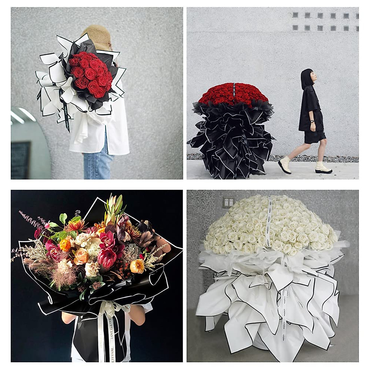 20 Sheets black and white aristocratic border Flower Wrapping Paper Waterproof Thicken Florist Bouquet Packaging Paper Gift or Gift Box Packaging Paper 23.6 x 23.6 inch(Dark Black + Porcelain White)