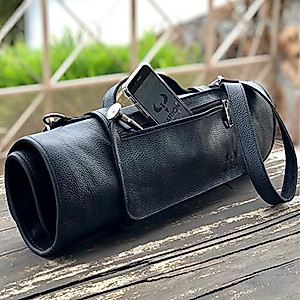 Marion - LE MINUIT - Genuine Calf Top Grain Black Leather - Handcrafted Professional Chef's Knife Storage Roll Bag - 8 Pockets - Adjustable Shoulder Strap - Zippered Interior and Exterior Pocket