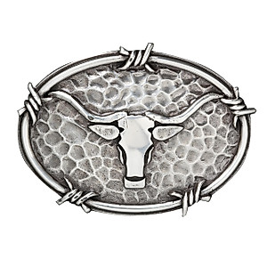 ARIAT Men's Western Buckle, Antique Silver with Steer Head Motif and Barbwire Edging, Hammered Oval Design, 2-3/4" X 3-3/4"