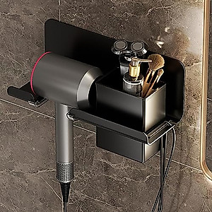 Aurgiarme Wall Mounted No Drill Hair Dryer Holder Aluminum Hair Dryer Storage Rack Bathroom Shelves Bathroom Accessories