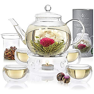 Teabloom Complete Tea Set – Teapot (40 OZ), Loose Tea Infuser, 4 Insulated Glass Teacups, Tea Warmer, and 12 Flowering Teas – Elegant Blooming Tea Gift Set