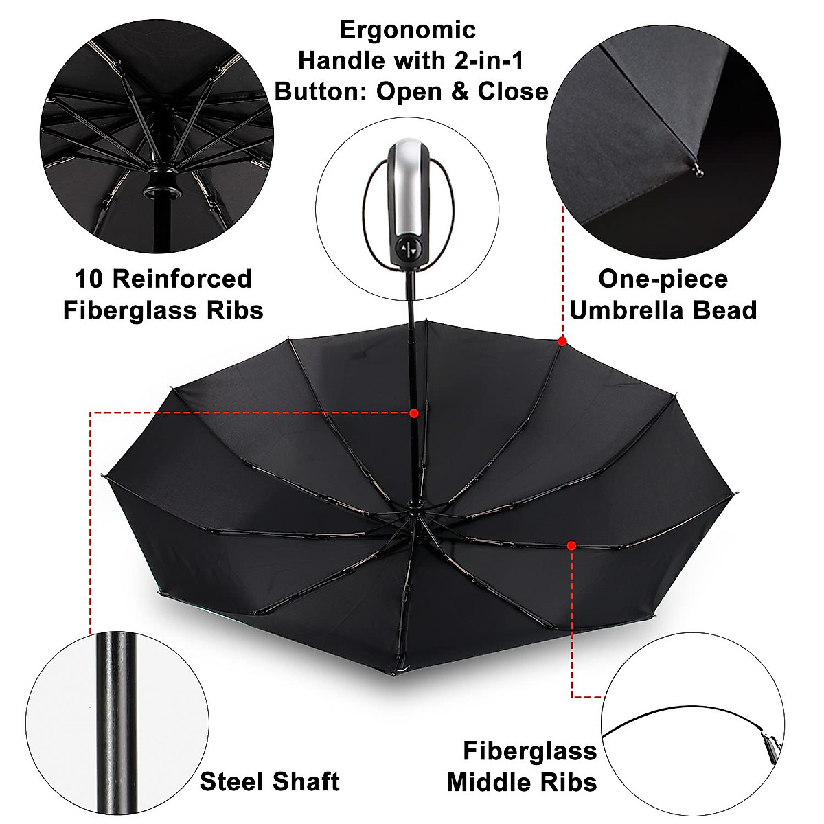 TradMall 2 Pack Travel Umbrella Windproof 56 Inches Large Canopy Reinforced Fiberglass Ribs Auto Open & Close, Black