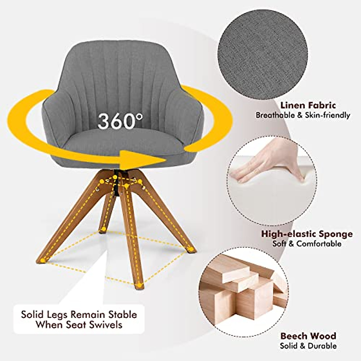 Giantex Desk Chair No Wheels, Super Easy to Install, Mid Century Computer Desk Armchair with Linen Fabric and Soft Sponge Filling, Swivel Accent Chair for Home Office, Grey