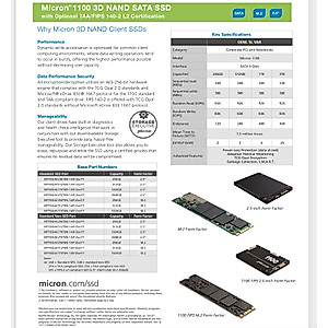 New - Micron SSD 512GB M.2 2280 SATA 6GB/s 1100 Series MTFDDAV512TBN 3D TLC NAND for Samsung Dell HP Evo Lenovo Pro Asus Acer and Other Systems