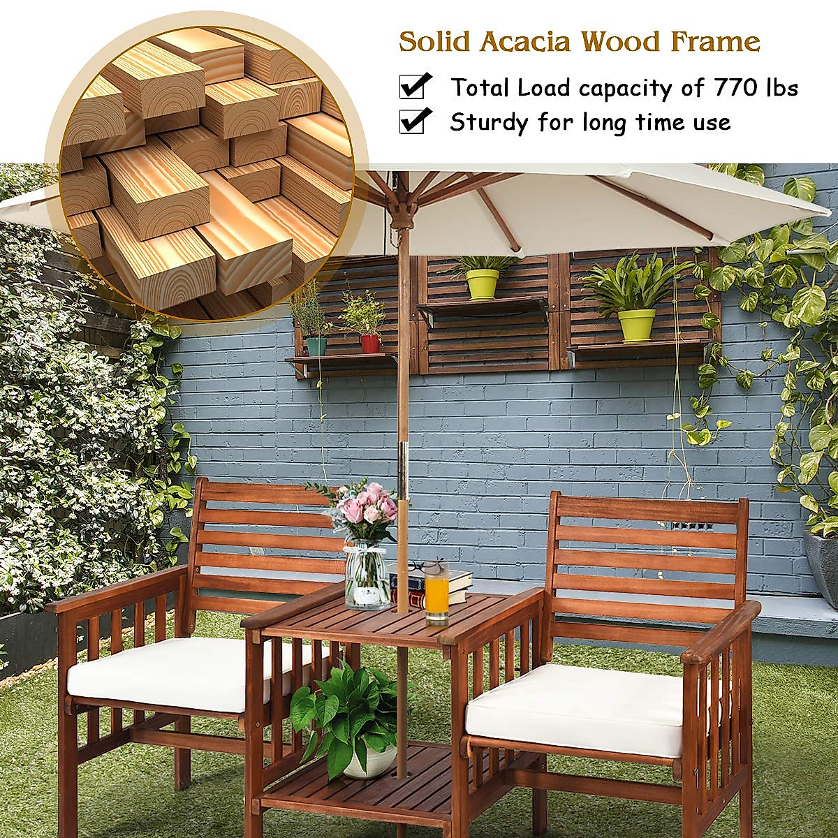 Tangkula Acacia Wood Loveseat, 3pcs Outdoor Table Chairs Set, Patio Conversation Set w/Coffee Table and Soft Cushions, 2.1-inch Umbrella Hole, 2-Seater Furniture Set (White)