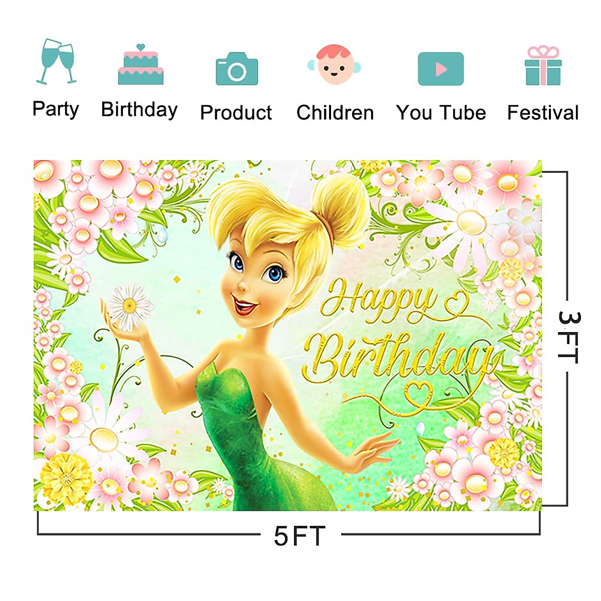 Green Tinkerbell Backdrop for Birthday Party Supplies 5x3ft Fairy Photo Backgrounds Fairy Theme Baby Shower Banner for Birthday Cake Table Decoration