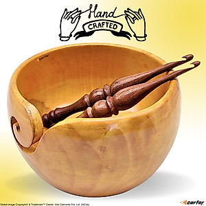 Carfar Knitting Yarn Bowl & Crochet Hooks Set Handmade Natural Wood Yarn Holder Bowl for Crocheting and Knitting