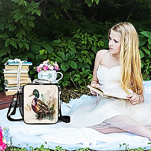 cfpolar Insulated Lunch Bag, Retro Watercolor Duck Lunch Box Wide Opened Tote Reusable Lunch Container Organizer Thermal Cooler Bag with Shoulder Strap for School Office Picnic Hiking Beach Fishing