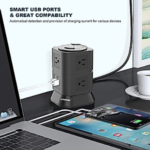 Power Strip Tower Surge Protector,7 AC Outlets with 2 USB Ports,6.5 Ft Extension Cord, Desk Power Outlet for Home Office(Black)