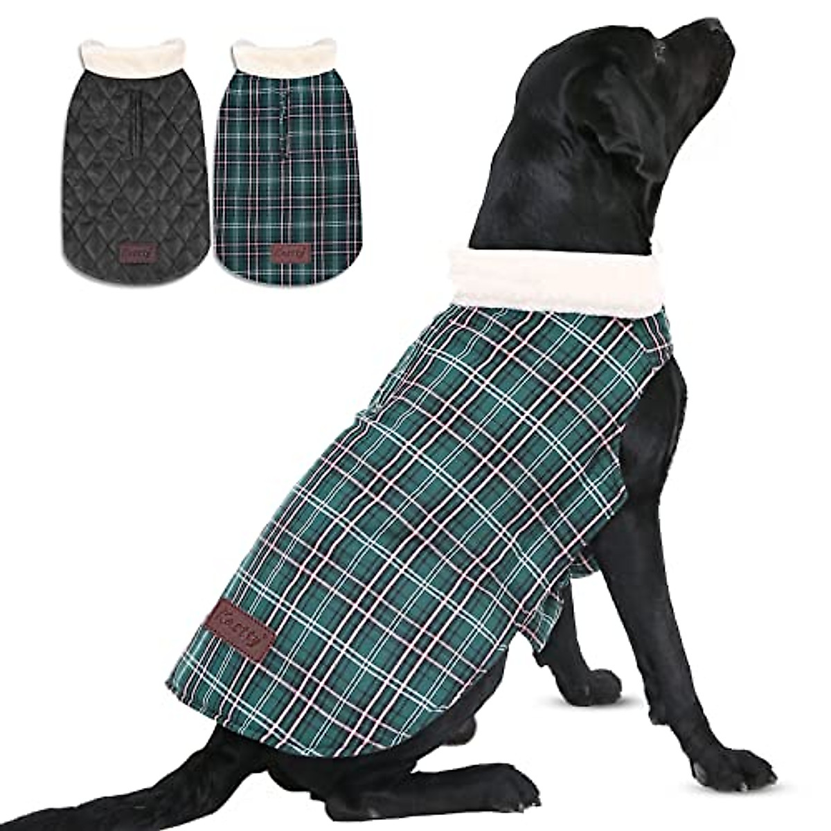 Kastty Dog Coat, Reversible Extra Warm Dog Clothes, Waterproof Stylish & Cosy Dog Jacket, British Style Plaid+ Simple Versatile 2 Style Dog Winter Coat, Great for Dog Gift or Daily Wear, M