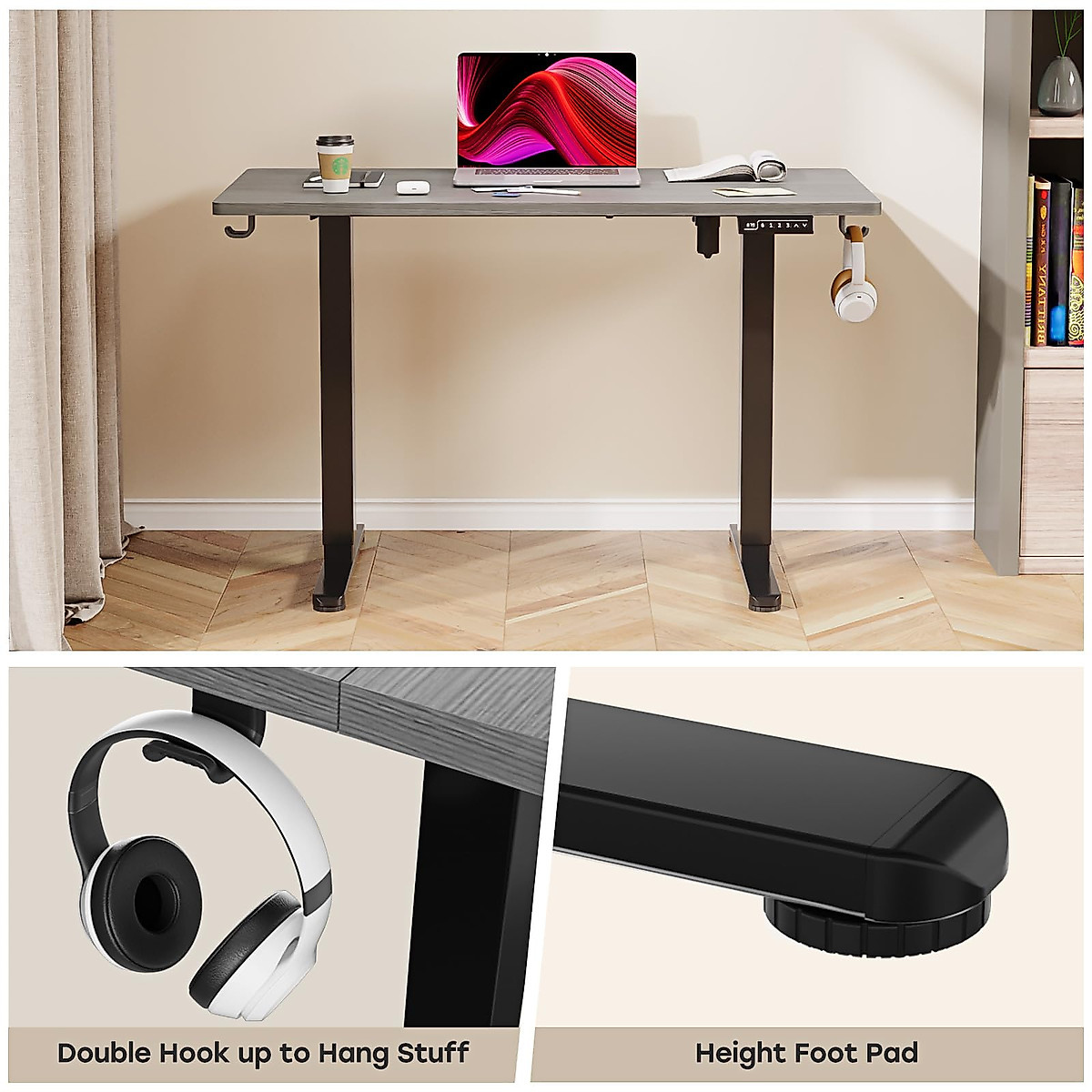 JYLH JOYSEEKER Grey Standing Desk, 48 X 24 Inch Adjustable Height Electric Desk, Sit Stand Desk with 2 Hooks, Ergonomic Rising Desk with Splice Board