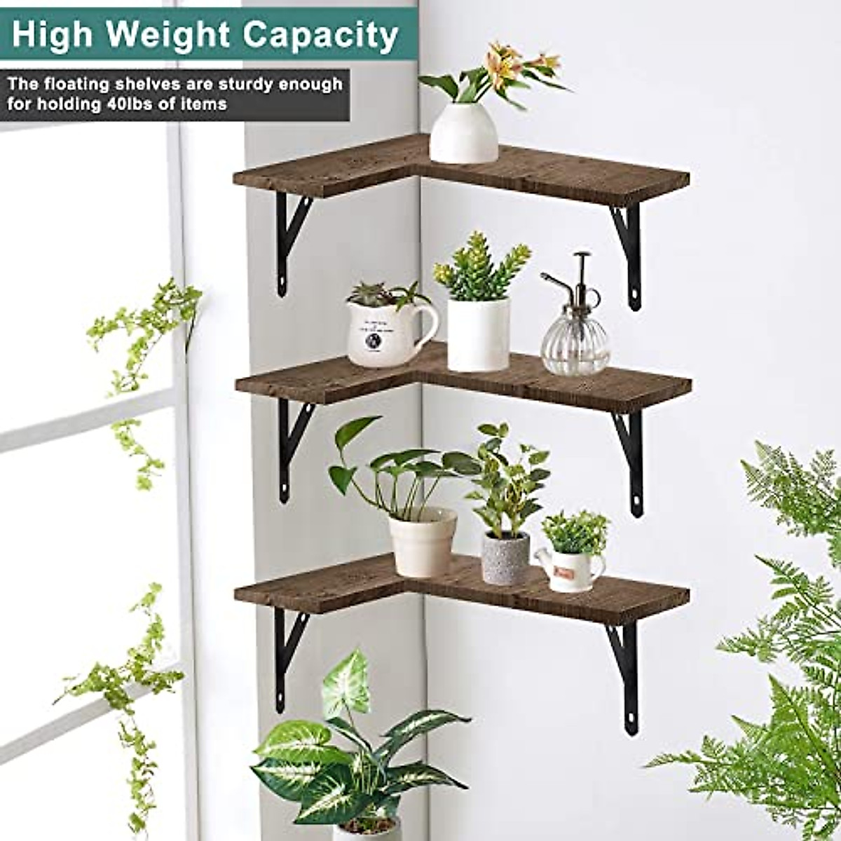 YSBYWSYR Corner Floating Shelves Wall Mounted, Set of 4 Rustic Wood Hanging Shelf for Bedroom, Living Room, Bathroom, Kitchen, Office and More