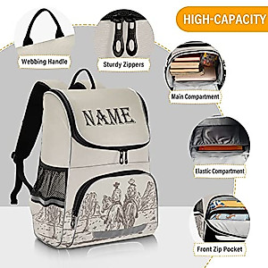 XUWU Custom Personalized Backpack Western Desert Cowboy Backpack with Reflective Strip for Kids Boys Girls Elementary School Bag Removable Chest Strap
