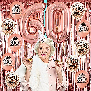 60th birthday decorations for women - (76pack) rose gold party Banner, Pennant, Hanging Swirl, birthday Balloons, Foil Backdrops, cupcake Topper, plates, Photo Props, Birthday Sash for gifts women