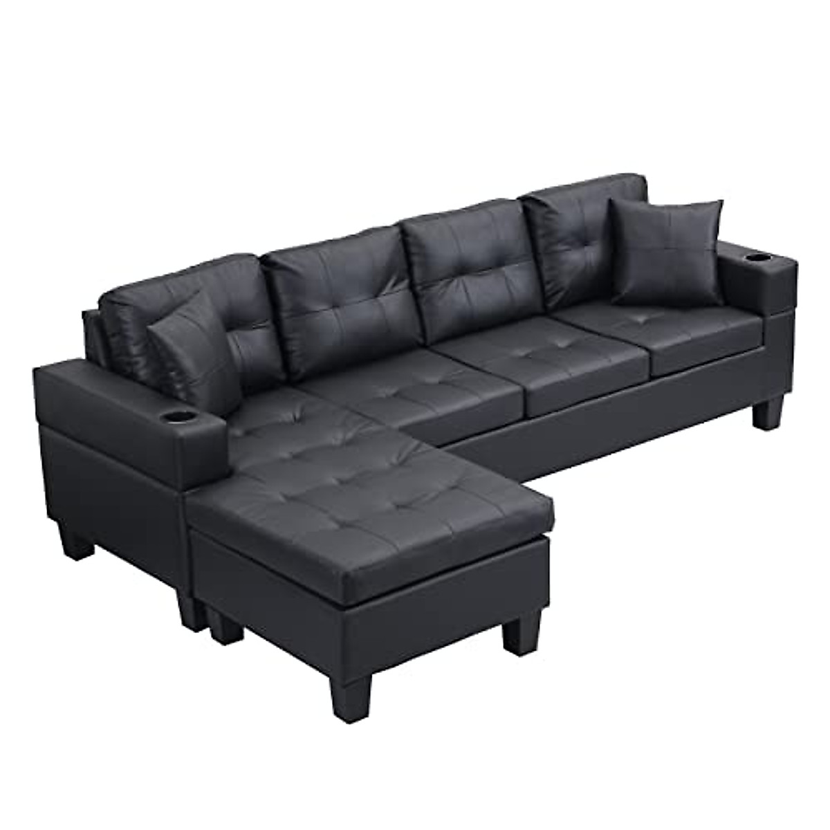 Livavege Oversized Sofa Large Couhes, L-Shape Faux Leather Sectional Couch with A Saucer, Chaise and Storage Ottoman for Office Living Room Furniture Sets, Black