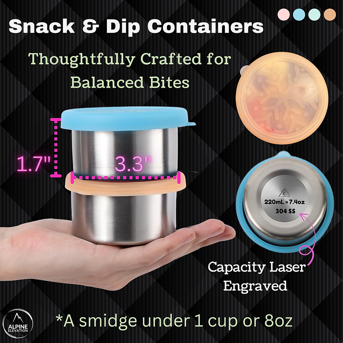 Alpine Elevation 4x7.4oz Stainless Steel Snack Containers with 4 Lids - 8pcs | Metal Food Storage Containers | Dip and Condiment Containers | Stainless Steel Mini Containers