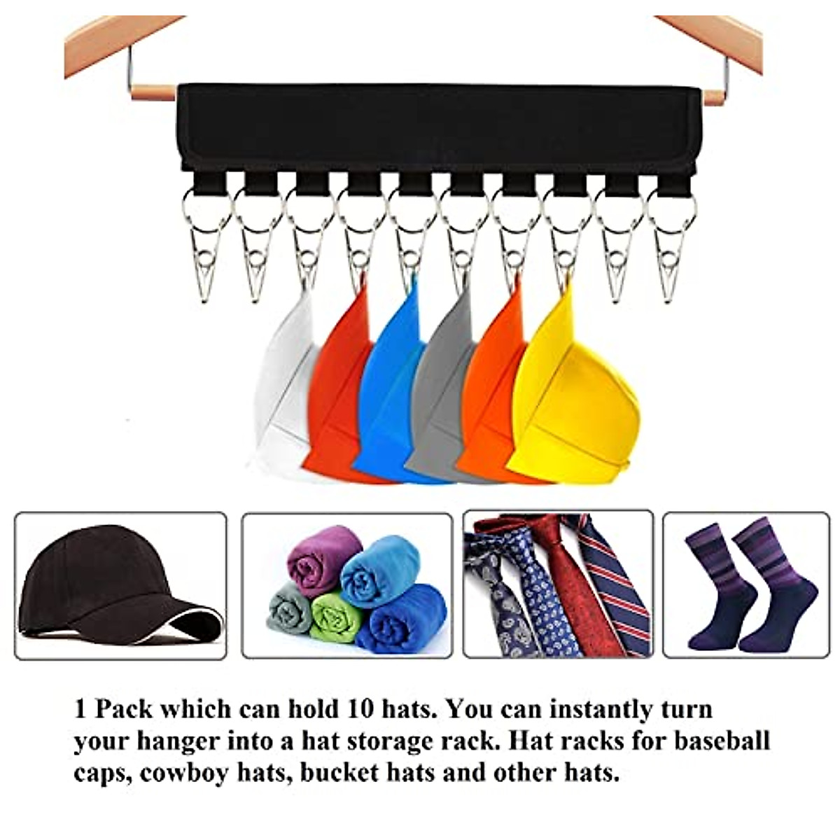 XINHUISHQZ Cap Organizer Hanger,Hat Organizer Holder for Hanger & Room Closet,10 Large Stainless Steel Hat Storage Clips, for Hang Baseball Hats, Ball Caps, Winter Beanie & Accessories (Black-1Pack)