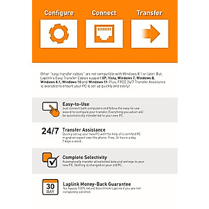 Laplink Easy Transfer Cable for Windows, Includes PCmover Express Software and Ethernet PC to PC Cable, Single Use License, Transfers Files, Settings, and User Profiles. Compatible with Windows 11