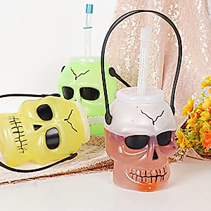 KEPATO Halloween Skull Cup Skull Tumblers,Drinking Jars with lids and straws,Includes three colors of green, white and yellow Skull Travel Mug(3pcs，3.5inch x5inch) Halloween party supplies decoration