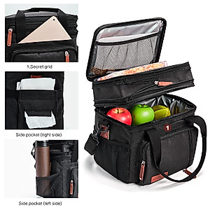MOV COMPRA Movcompra Black Adult Insulated Lunch Box for Work, Expandable Large Lunch Bags for Women Men, Leakproof Double Deck Lunch Box Cooler Tote Bag with Removable Shoulder Strap