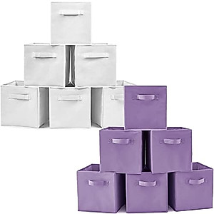 EZOWare Set of 12 Foldable Basket Bin Collapsible Storage Cube For Nursery, Kids Toys Organizer, Shelf Cabinet - (White + Purple)