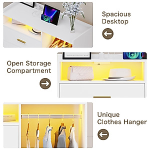 Wooden Dresser for Bedroom with Clothing Rack, White 4 Drawers Dresser with Charging Station and LED Lights, Tall Clothes Dresser for Small Space Hallway Closet