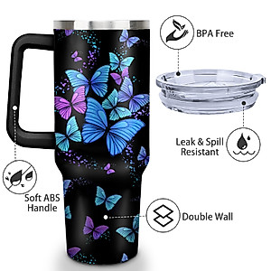 Thmasamwr Butterfly Tumbler With Lid, Straw and Handle - 40oz Stainless Steel Travel Coffee Mug Water Bottle - Gift Cup for Women and Girls