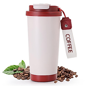LATTPLYN Travel Coffee Mug, 18 oz Insulated Coffee Cup with Lid, Leakproof Stainless Steel Double-Wall Insulation Coffee Tumbler Cup For Hot/Ice Coffee Tea Vacuum Thermal Thermos(Beige+Red,18 oz)