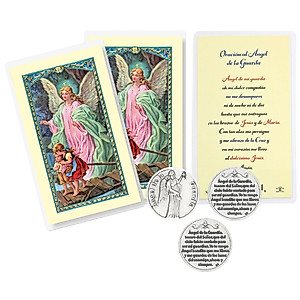 Spanish Catholic Guardian Angel Prayer Card - with Guardian Angel Coin - Laminated Double Sided Guardian Angel Holy Card, Guardian Angel Token - Angel De La Guarda Oracion Tarjetas - 6 Items Total