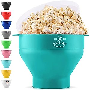 Zulay Kitchen Large Microwave Popcorn Maker - Silicone Popcorn Popper Microwave Collapsible Bowl With Lid - Family Size Microwave Popcorn Bowl - 15 Popcorn Cup Capacity (Aqua)