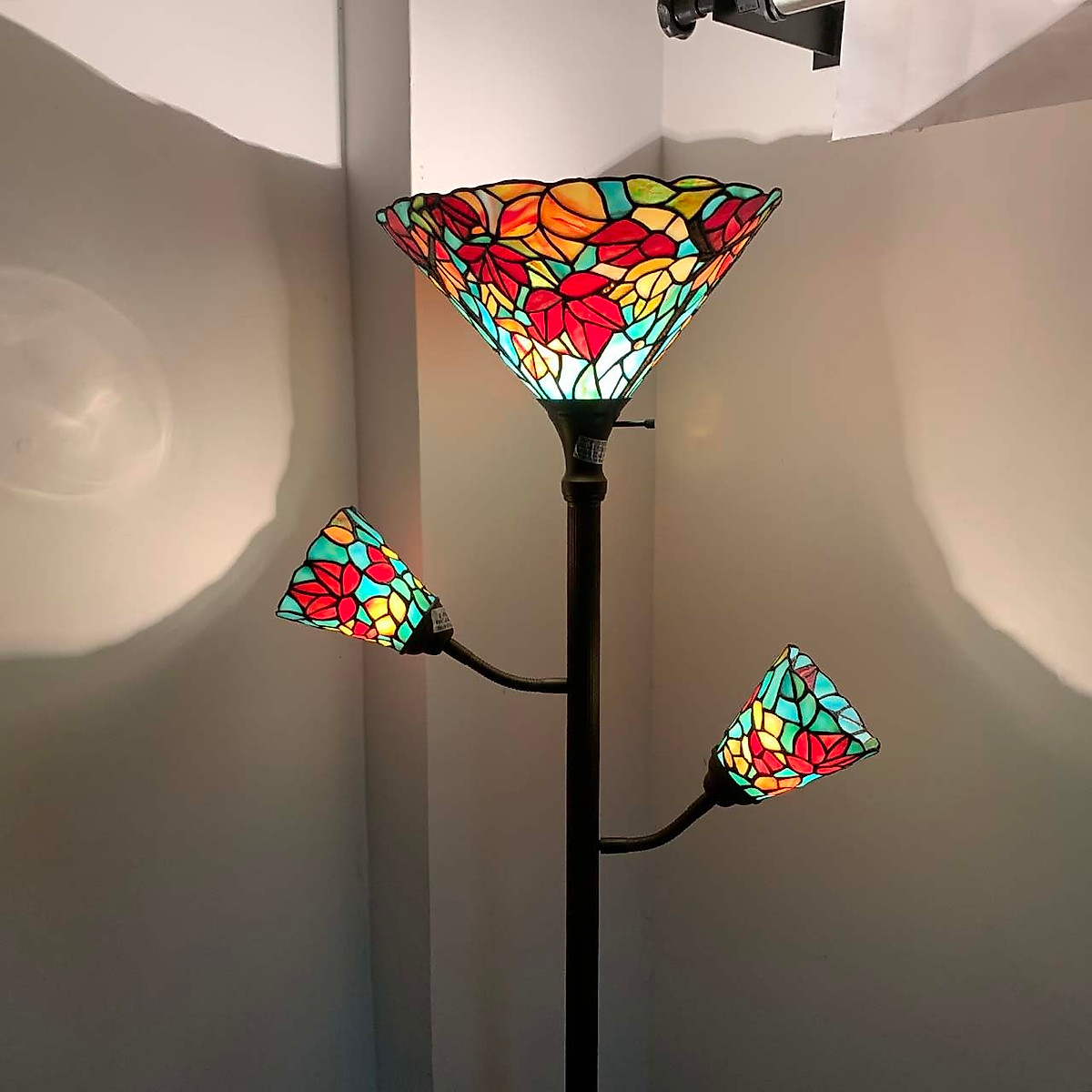 Bieye L10884 Maple Tree Leaves Tiffany Style Stained Glass Torchiere Floor Lamp with Sidelights for Reading Home Decor, 70-inches Tall (Maple Leaf, Red)