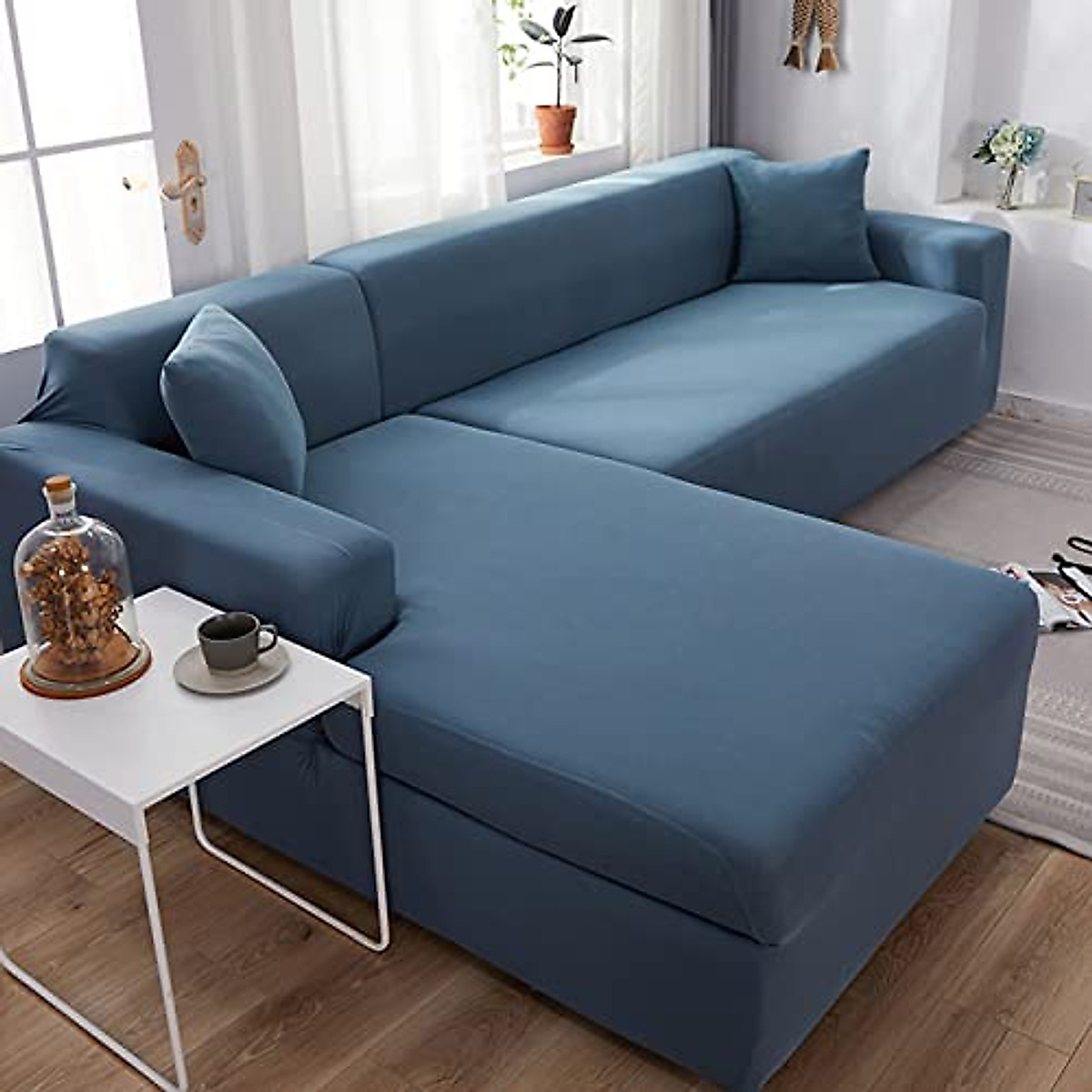 IMYOGI High Stretch Sofa Covers High Stretch Couch Covers L Shape Soft Durable Sofa Slipcovers Solid Color Sectional Machine Washable Furniture Protector for Kids & Pets -Blue-4 Seater+4 Seater