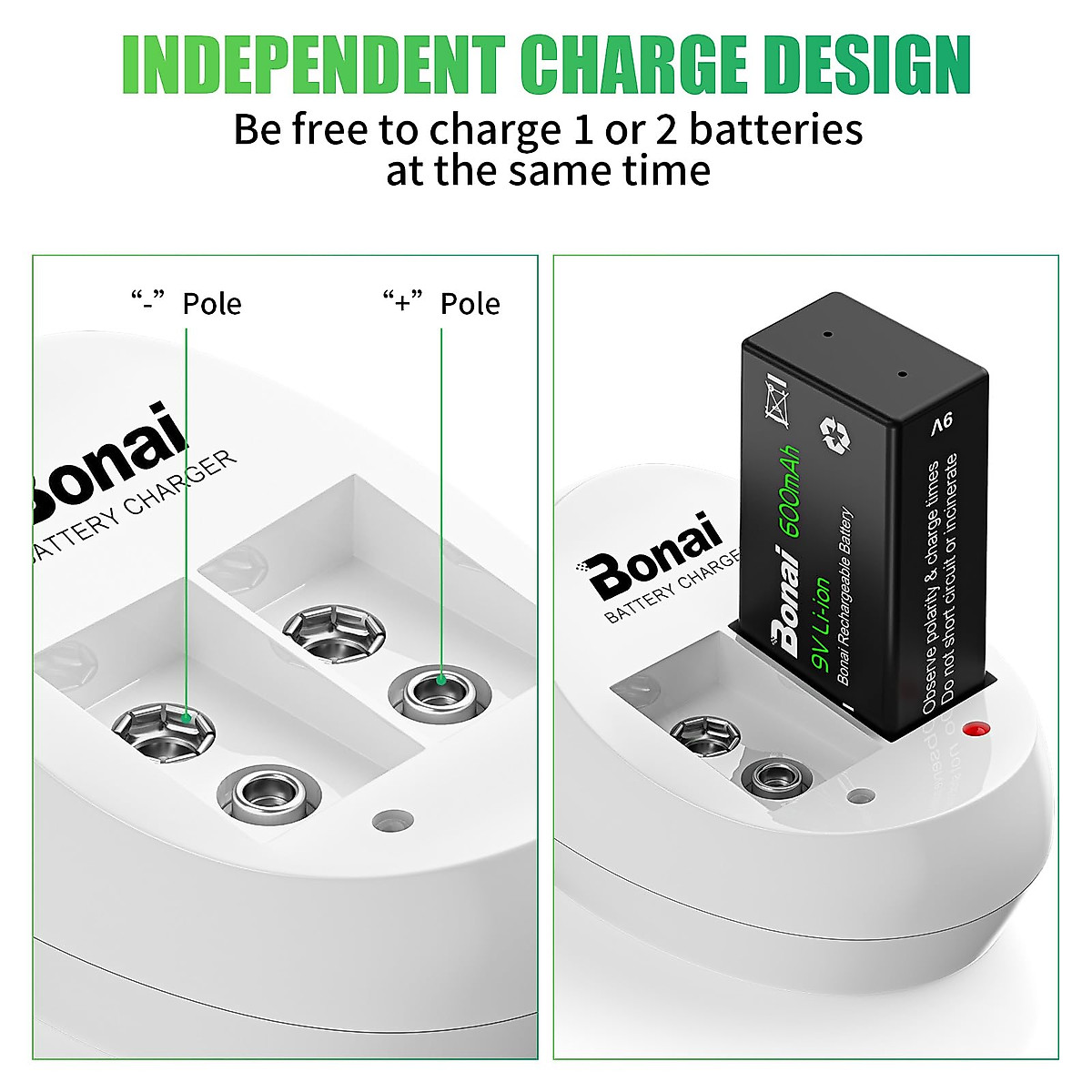 BONAI 6F22 9 Volt Rechargeable Battery(4 Pack) 600mAh Li-ion Rechargeable 9v Batteries with Charger(2 Bay) High Capacity