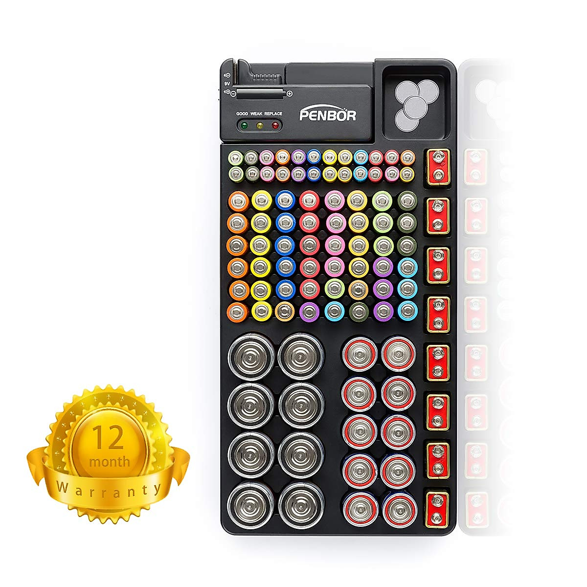 PENBOR Battery Organizer Storage Case with No Lid Snap, Portable Tester, Just The Right Size Slot Wall-Mounted Design,Holds 110 Batteries Various Sizes for AAA, AA, 9V, C, D and Butt