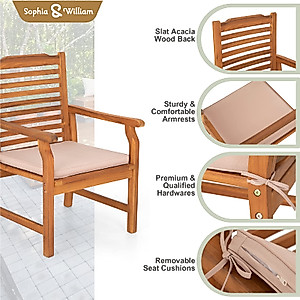 Sophia & William 2 Pieces Acacia Wood Patio Dining Chairs with Cushions, Outdoor Oil Finish Middle Back Wooden Armchairs Set of 2, Natural Wood Chairs for Porch Yard Balcony Deck, Teak