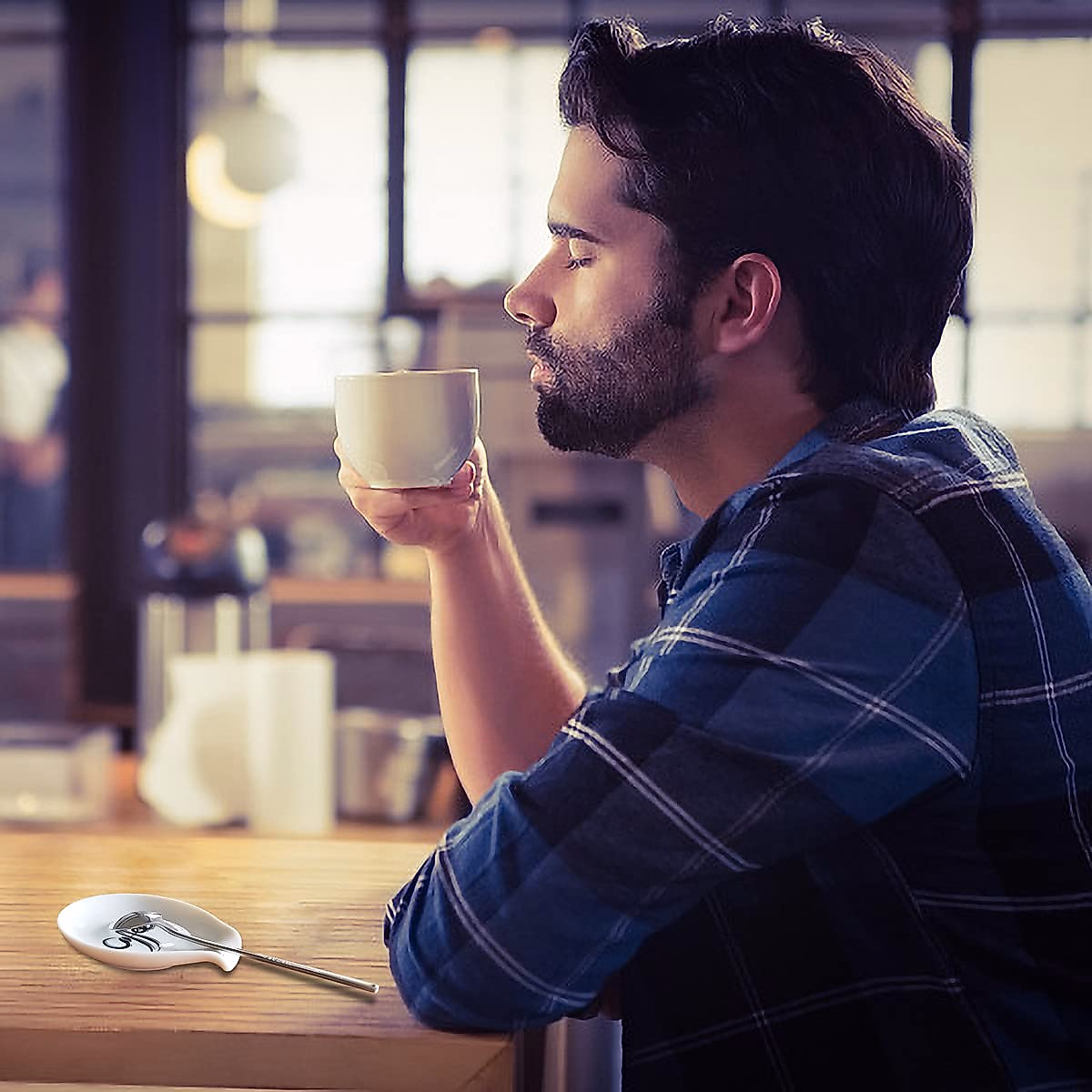 Coffee Spoon Rest, Small Ceramic Coffee Spoon Holder, Porcelain Spoon Holder, Ceramic Spoon Rest for Tablespoon,Teaspoon,Bar Spoon,Coffee Bar Accessories (Spoon Rest+Sliver Spoon)