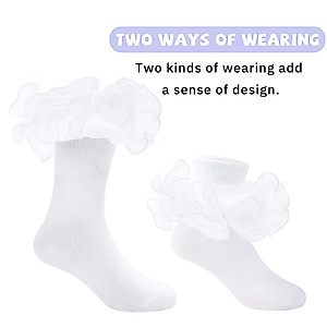 Auranso 3 Pack Girls Lace Ruffle Socks Big Double Frilly Turn Cuff Dress Socks White 18-24 Months