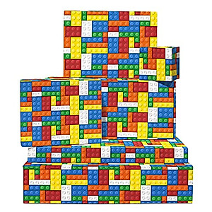 CENTRAL 23 Colorful Wrapping Paper - 6 Sheets of Gift Wrap - Birthday Wrapping Paper for Kids - Building Blocks for Boys and Girls - Birthday Party - Recyclable - Comes With Fun Stickers