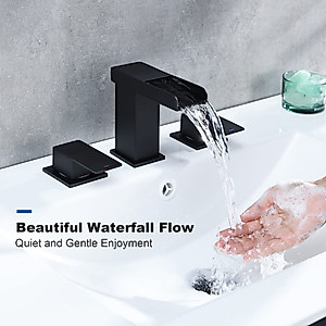 PerPaiMe Matte Black Waterfall Bathroom Faucet, 8-Inch, 2 Handles, 3-Hole, Metal Pop-Up Drain, 60cm Supply Line, 2-3/8 Inch Clearance