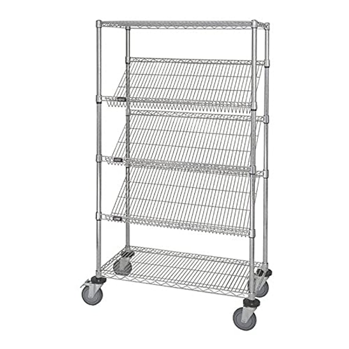 Quantum Storage Systems M1836SL6C 5-Tier Wire Shelving Unit with Slanted Shelves, Mobile, Chrome Finish, 400 lb. load capacity, 69" Height x 36" Width x 18" Depth