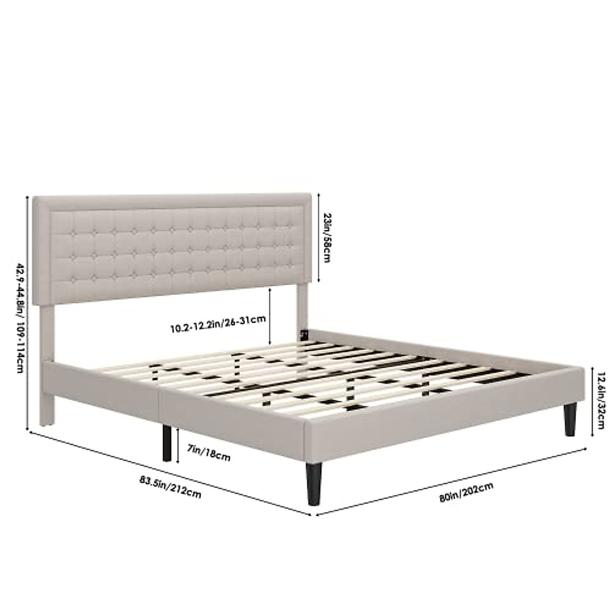 HIFIT King Bed Frame, Button Tufted Upholstered Platform with Adjustable Headboard, Mattress Foundation with Sturdy Frame, No Box Spring Needed, Easy Assembly, Beige