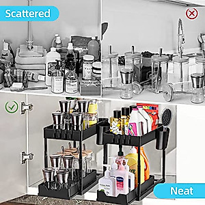 Eufrozy 2 Pack 2-Tier Under the Sink Organizer Bathroom, Sliding Under Cabinet Basket Organizer Adjustable Height Under Sink Storage for Kitchen Shelf Multi-Purpose Rack Drawer with 8 Hook 2 Cup
