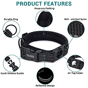 Maidek Airtag Dog Collar Holder - Heavy Duty & Thick Titanium GPS Tracker Holder, Reflective Nylon - Chewproof, Magnetic Dog Collar Tag with Leash, Poop Bag - Black, Medium Size 1.25x15-18