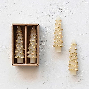 Unscented Tree Shaped Taper Candles w/ Gold Tips in Box, Eggnog Color, Set of 2